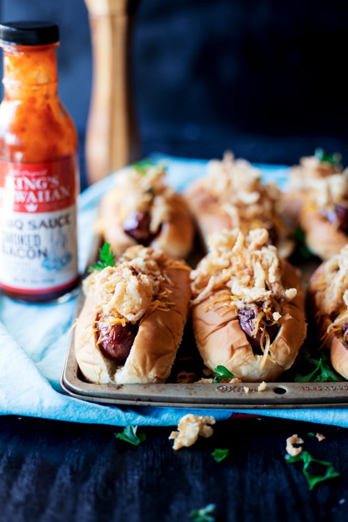 BBQ Bacon Wrapped Hot Dogs with Fried Onion Strings and Cheddar Cheese ...