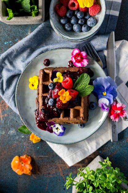 Sweet and Savory Chocolate Waffles with Triple Berry Compote • A Simple ...