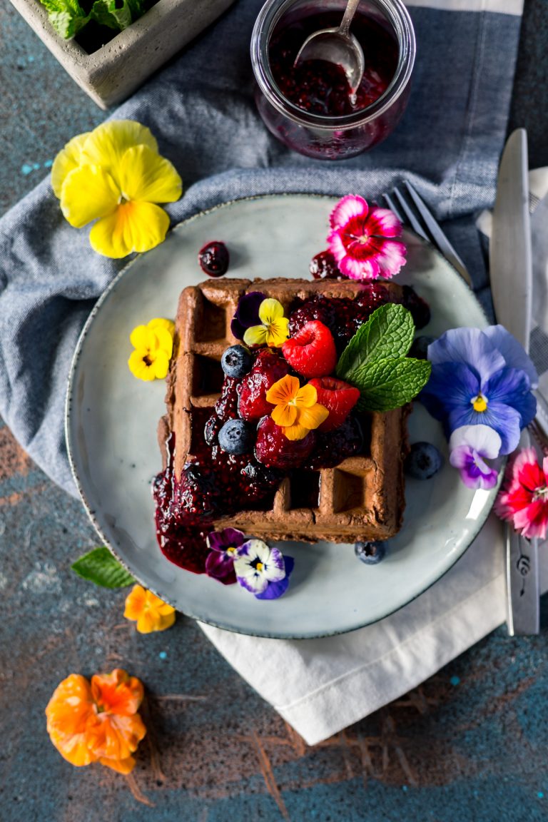 Sweet and Savory Chocolate Waffles with Triple Berry Compote • A Simple ...