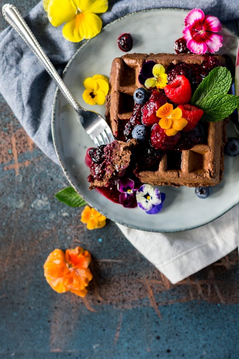 Sweet and Savory Chocolate Waffles with Triple Berry Compote • A Simple ...