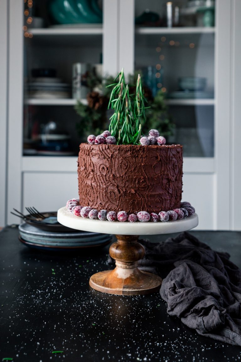 Double Chocolate Tree Stump Cake with Sugared Cranberries • A Simple Pantry