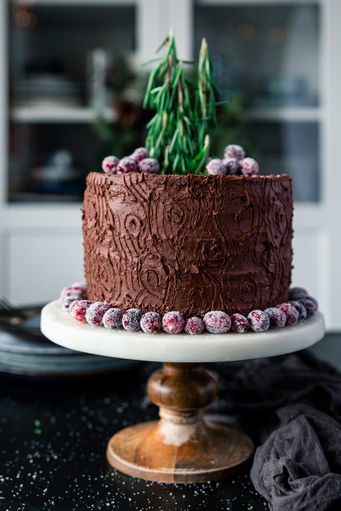 Double Chocolate Tree Stump Cake with Sugared Cranberries • A Simple Pantry