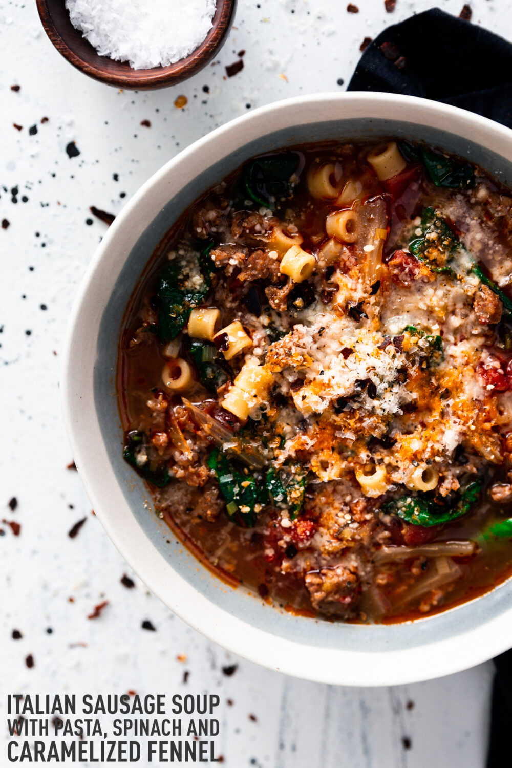 Italian Sausage Soup with Spinach, Pasta, and Caramelized Fennel