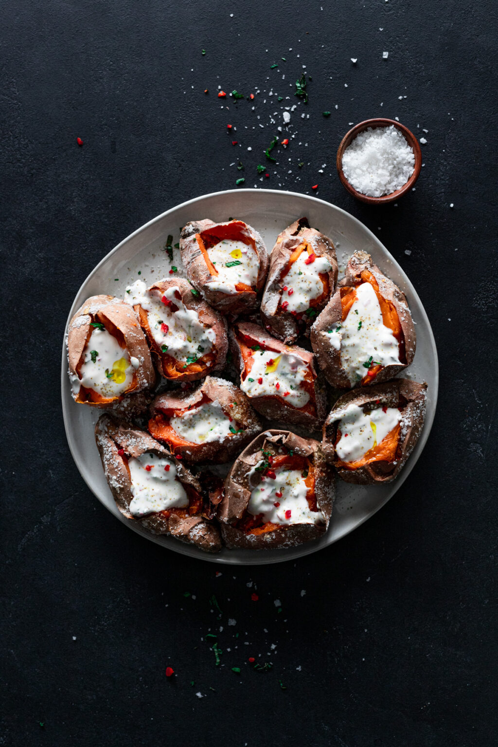 Salt Roasted Sweet Potatoes Recipe with Chili Mint Yogurt Sauce • A ...